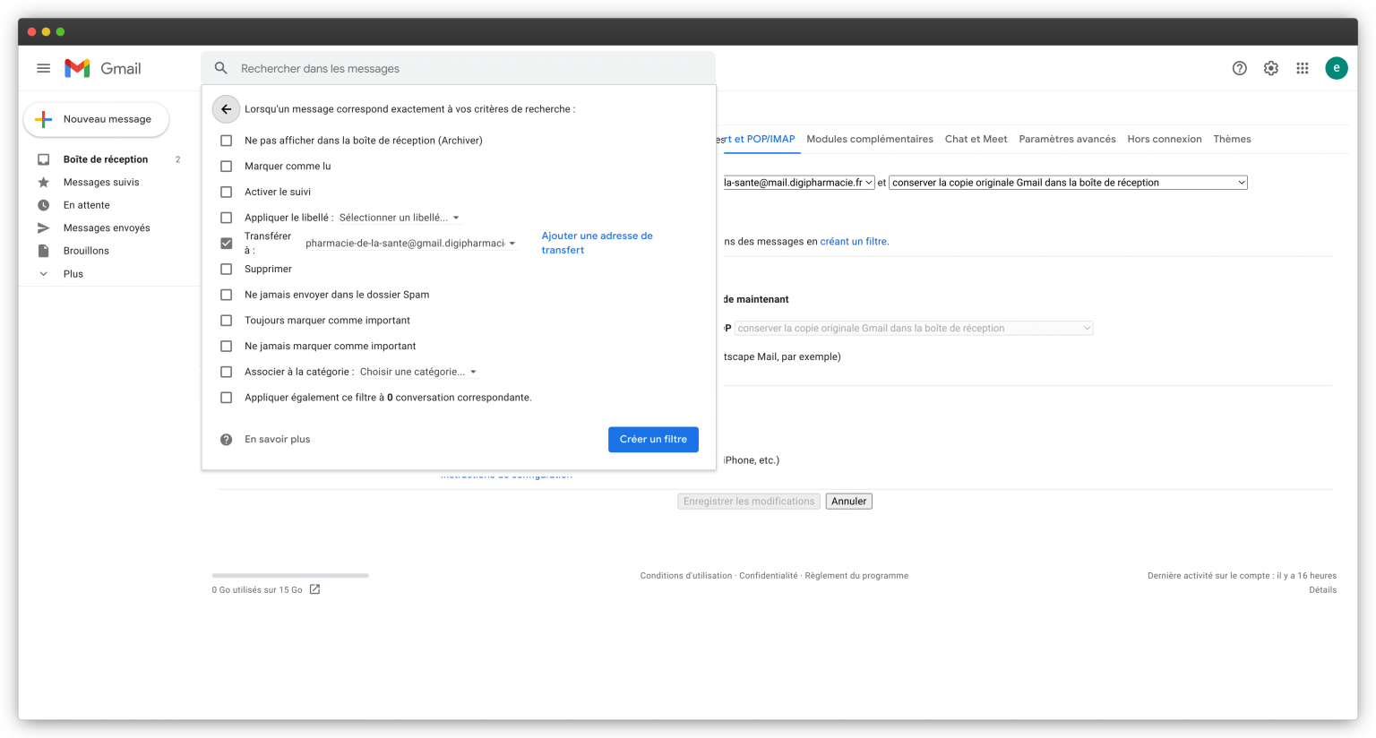 Configurer une redirection depuis gmail - Digipharmacie