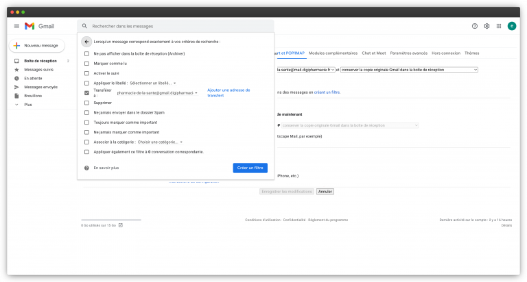 Configurer une redirection depuis gmail - Digipharmacie